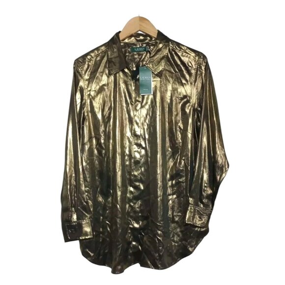 Lauren Ralph Lauren | Tops | Ralph Lauren Metallic Gold Shirt Womens ...